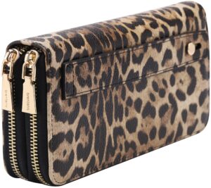 b brentano vegan leather double zipper pocket wallet with grip hand strap (leopard)