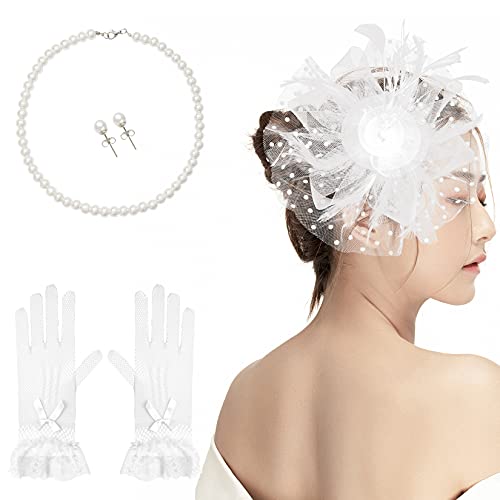 Women's Tea Party Fascinators Hat Set: Flower Mesh Hair Clip with Veil, Lace Gloves, Pearl Necklace and Earrings for Wedding and Halloween