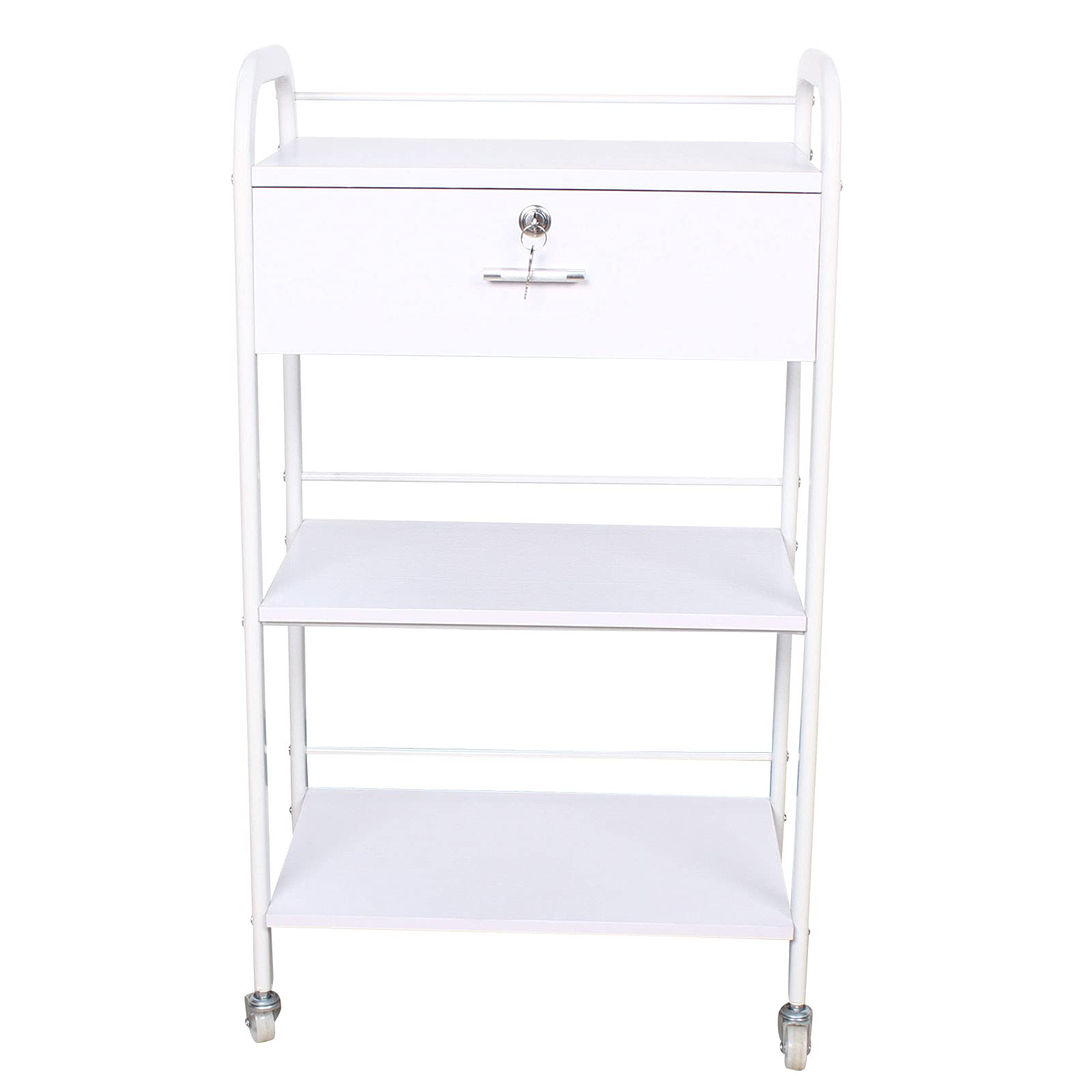 3-Tier Rolling Utility Cart with Wheels,White Mobile Esthetician Cart Trolley with Single Lockable Drawer,Medical Den-tal Serving Cart Trolley Steel Serving Cabinet & Kitchen Cart,Load 33LBS