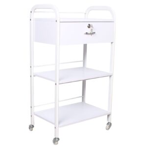 3-tier rolling utility cart with wheels,white mobile esthetician cart trolley with single lockable drawer,medical den-tal serving cart trolley steel serving cabinet & kitchen cart,load 33lbs