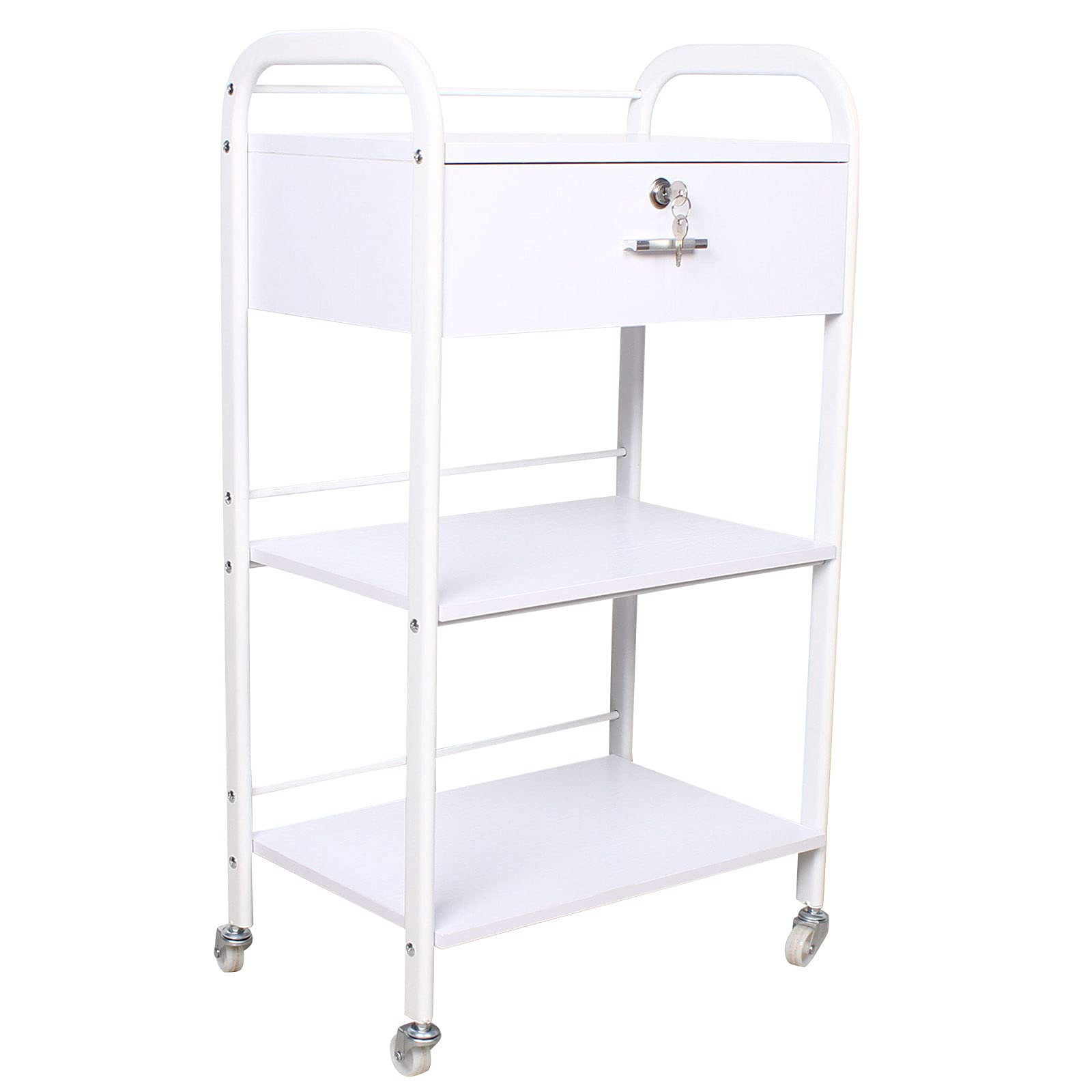 3-Tier Rolling Utility Cart with Wheels,White Mobile Esthetician Cart Trolley with Single Lockable Drawer,Medical Den-tal Serving Cart Trolley Steel Serving Cabinet & Kitchen Cart,Load 33LBS