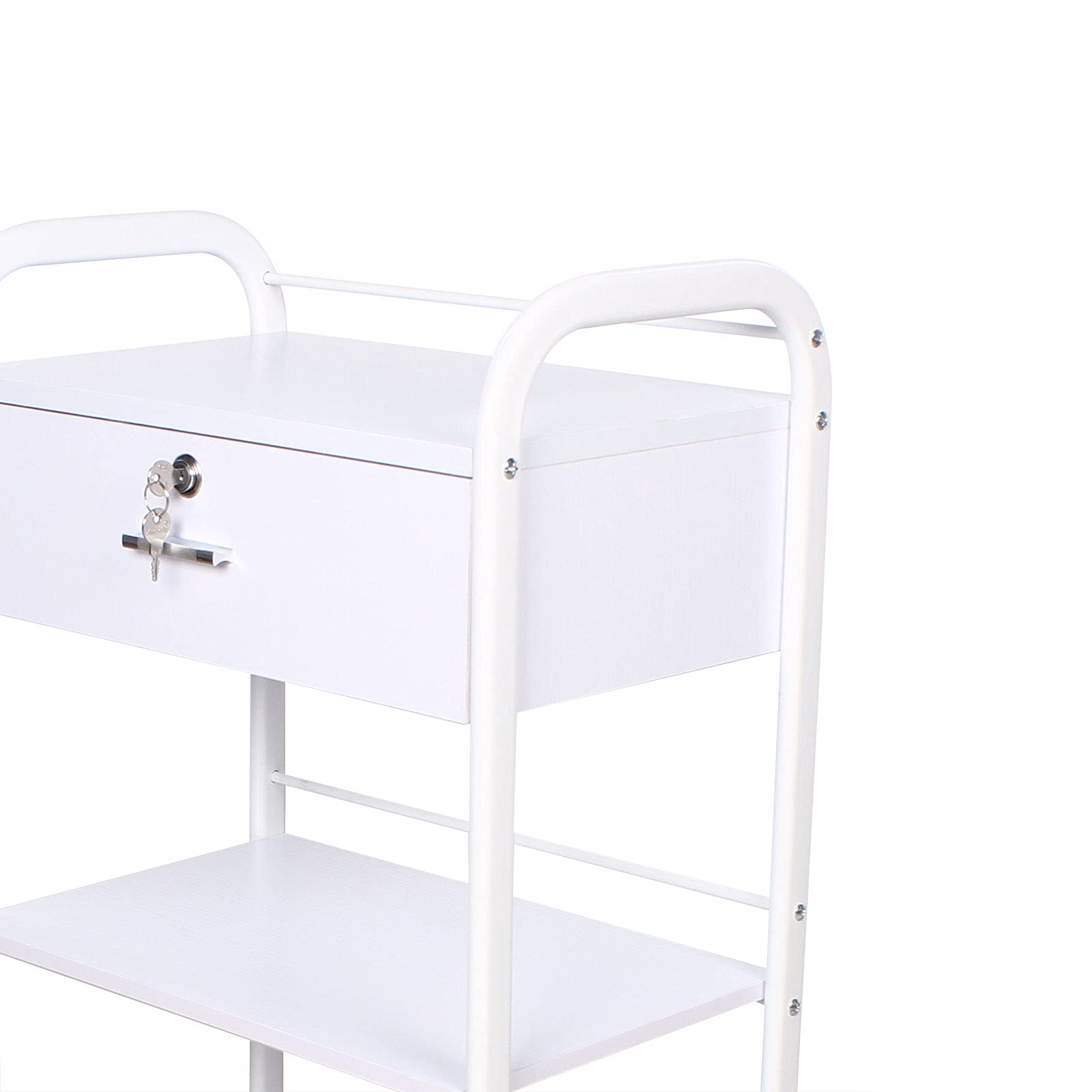 3-Tier Rolling Utility Cart with Wheels,White Mobile Esthetician Cart Trolley with Single Lockable Drawer,Medical Den-tal Serving Cart Trolley Steel Serving Cabinet & Kitchen Cart,Load 33LBS