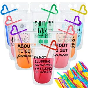 patelai 24 sets drink pouches with straws plastic drink bags with zipper party beverage bags juice pouches for adults(black letters)