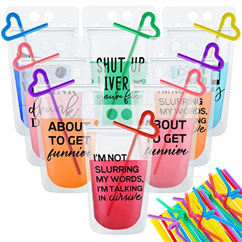 Patelai 24 Sets Drink Pouches with Straws Plastic Drink Bags with Zipper Party Beverage Bags Juice Pouches for Adults(Black Letters)