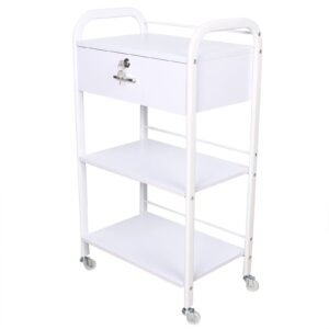 3-Tier Rolling Utility Cart with Wheels,White Mobile Esthetician Cart Trolley with Single Lockable Drawer,Medical Den-tal Serving Cart Trolley Steel Serving Cabinet & Kitchen Cart,Load 33LBS