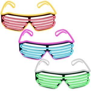 toodoo 3 pieces light up glasses halloween party glow flashing led sunglasses shutter neon rave glasses costumes for party nightclubs concert(pink blue, white fluorescent green, yellow red)