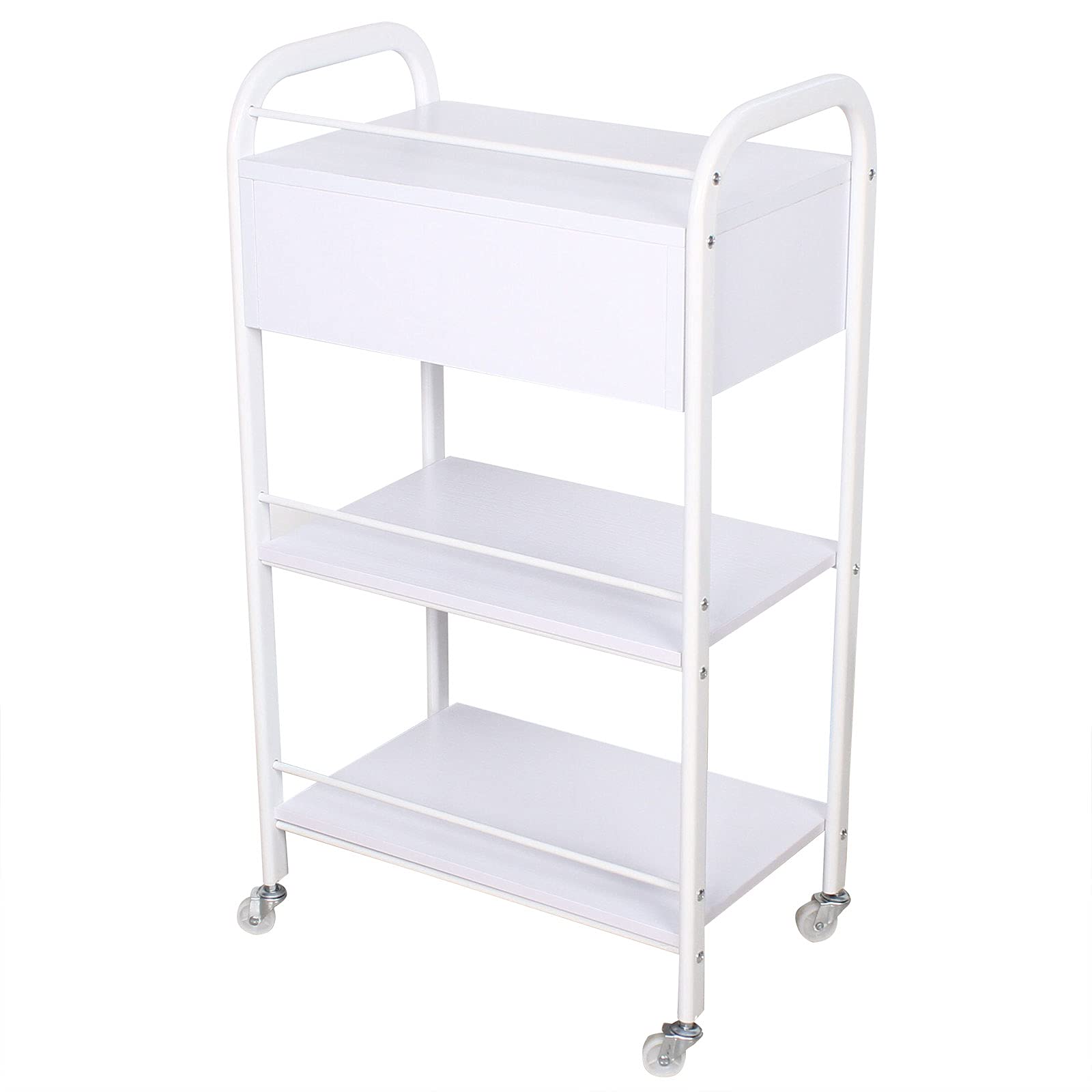 3-Tier Rolling Utility Cart with Wheels,White Mobile Esthetician Cart Trolley with Single Lockable Drawer,Medical Den-tal Serving Cart Trolley Steel Serving Cabinet & Kitchen Cart,Load 33LBS