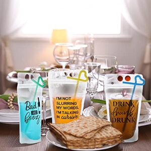 Patelai 24 Sets Drink Pouches with Straws Plastic Drink Bags with Zipper Party Beverage Bags Juice Pouches for Adults(Black Letters)