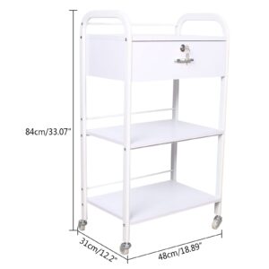 3-Tier Rolling Utility Cart with Wheels,White Mobile Esthetician Cart Trolley with Single Lockable Drawer,Medical Den-tal Serving Cart Trolley Steel Serving Cabinet & Kitchen Cart,Load 33LBS