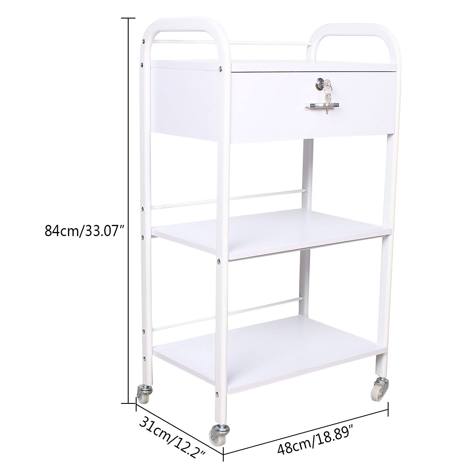 3-Tier Rolling Utility Cart with Wheels,White Mobile Esthetician Cart Trolley with Single Lockable Drawer,Medical Den-tal Serving Cart Trolley Steel Serving Cabinet & Kitchen Cart,Load 33LBS