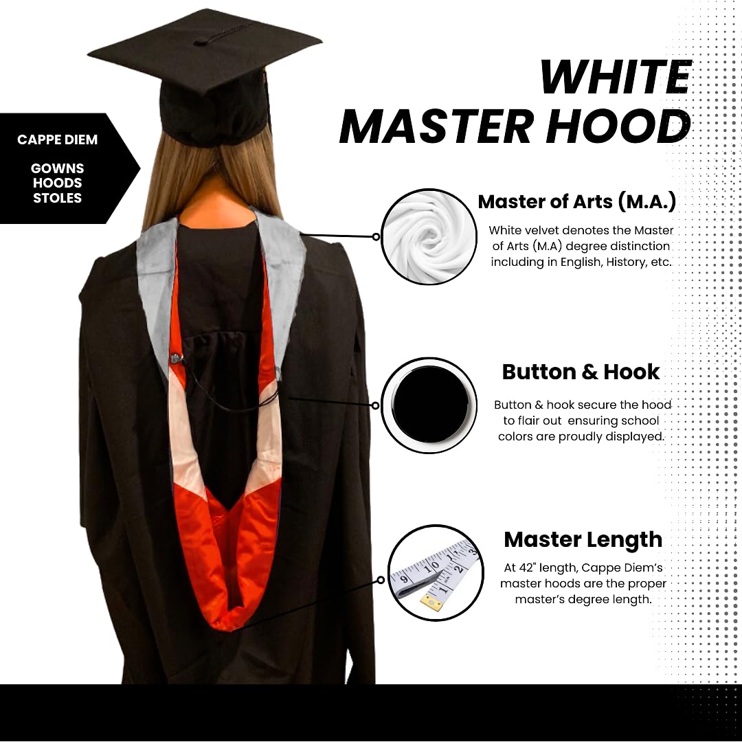 Cappe Diem Master Graduation Hood WHITE: Master of Arts (M.A.) in English, History, etc. (Various College Colors) (Green & White)