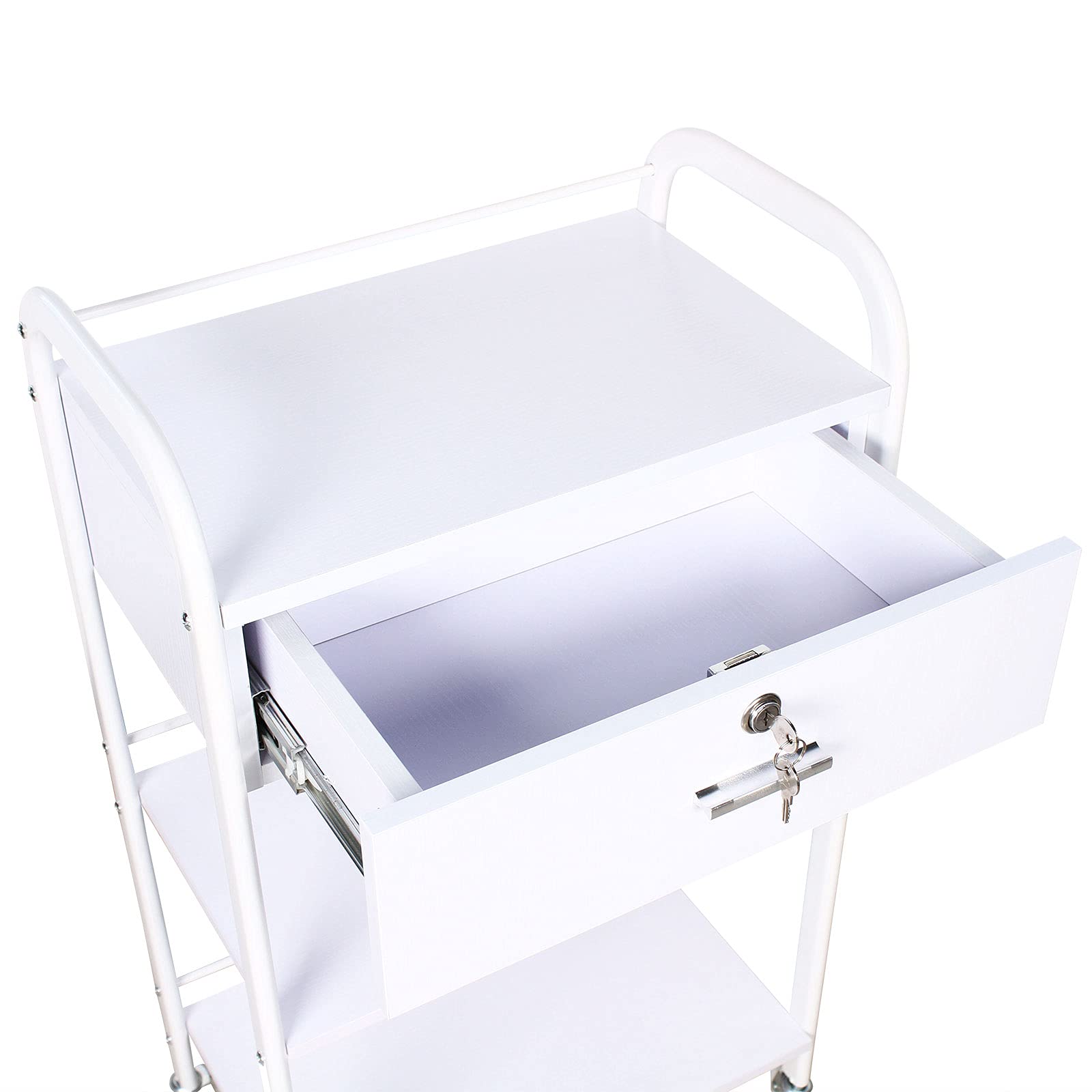 3-Tier Rolling Utility Cart with Wheels,White Mobile Esthetician Cart Trolley with Single Lockable Drawer,Medical Den-tal Serving Cart Trolley Steel Serving Cabinet & Kitchen Cart,Load 33LBS