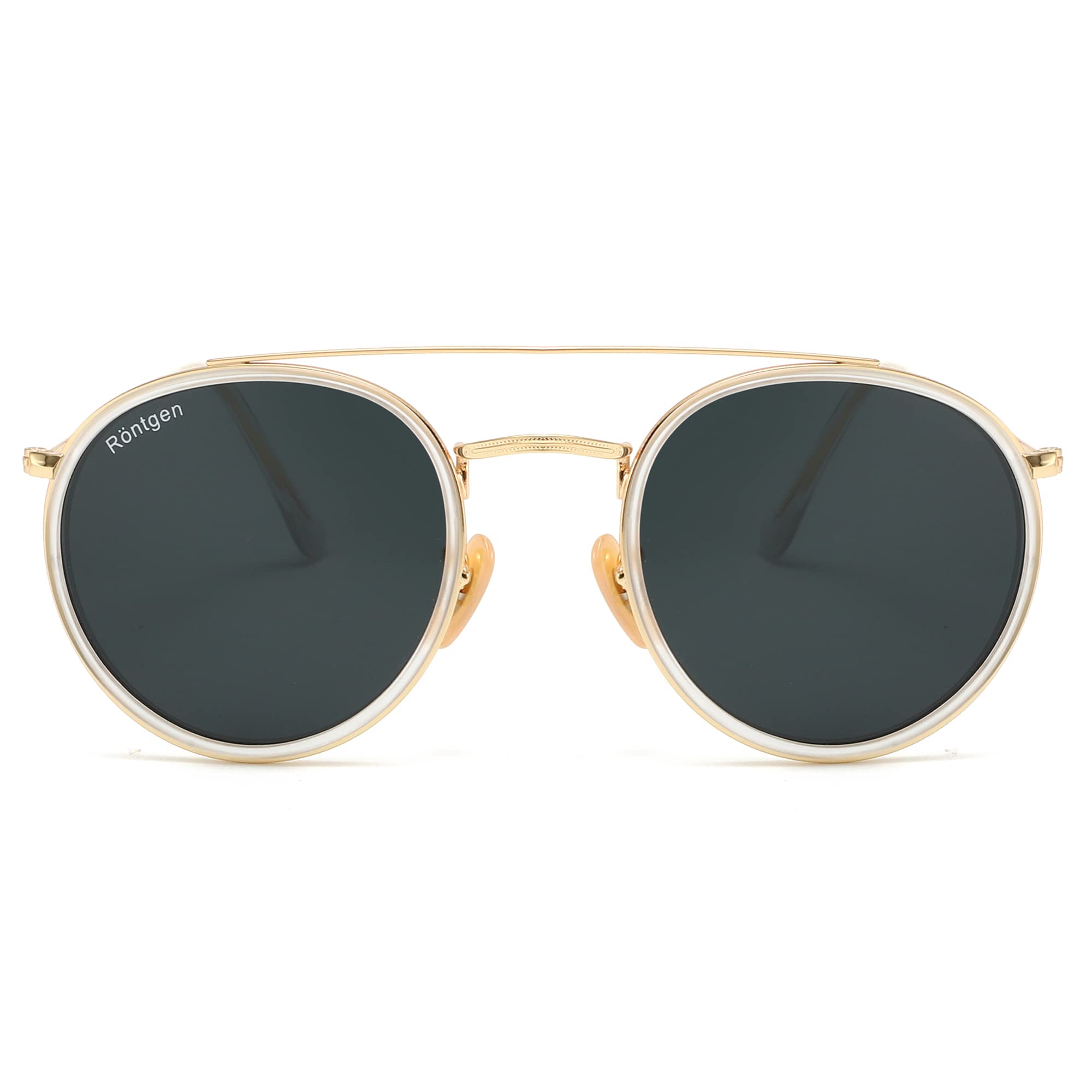 CONRAD RONTGEN Retro Round Sunglasses for Women Men Double Bridge UV400 Protection Gold Frame Black Lens