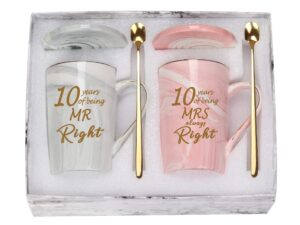 toshiy 10th wedding anniversary mugs 10 years anniversary mugs 10th wedding anniversary mugs for wife him couple husband parents 10 years mr right mrs always right coffee mugs 14 ounce gift box set