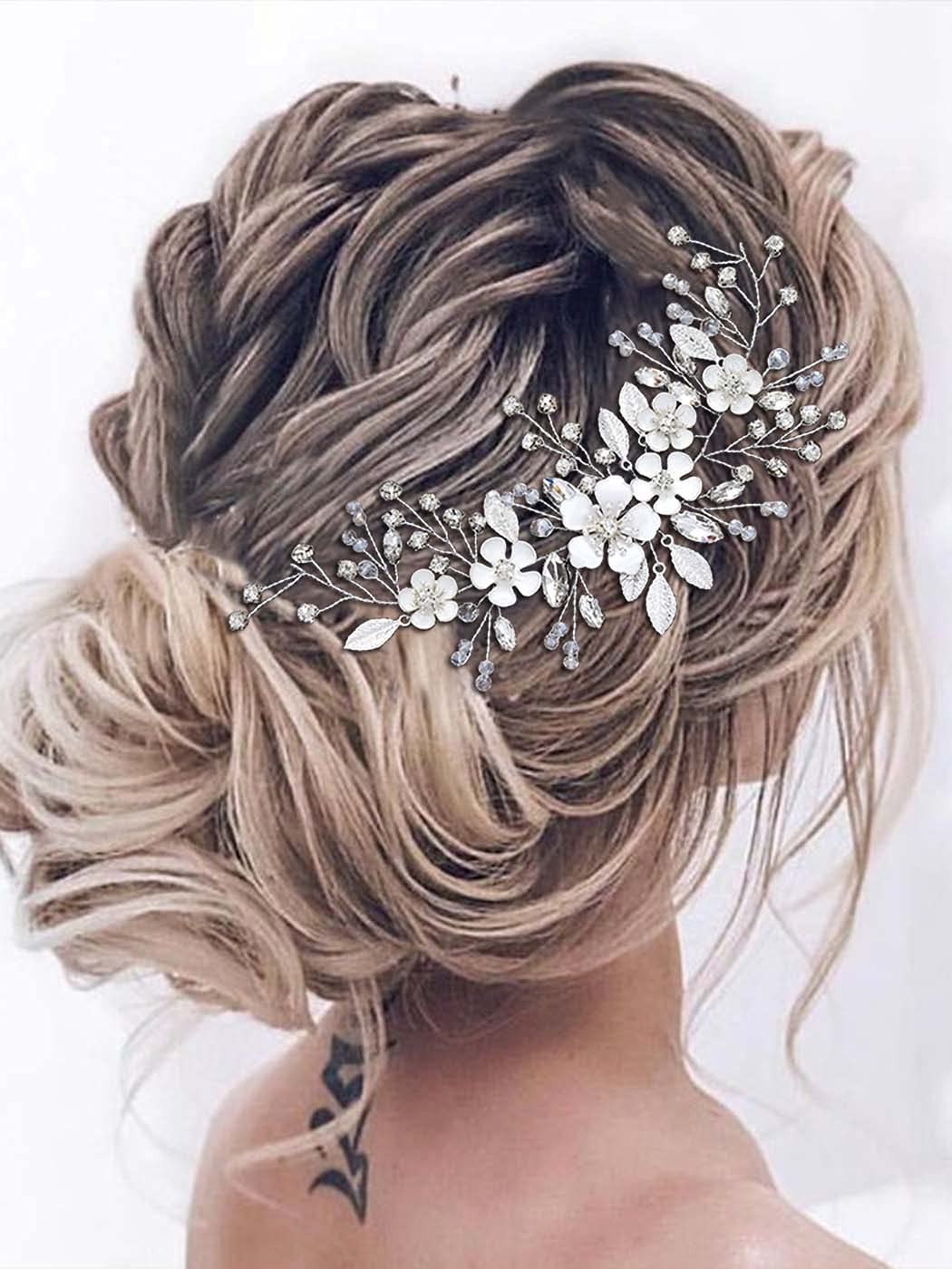 Unicra Silver Bride Wedding Hair Vine Flower Bridal Hair Piece Rhinestone Hair Accessories Crystal Headpieces Jewelry for Women and Girls