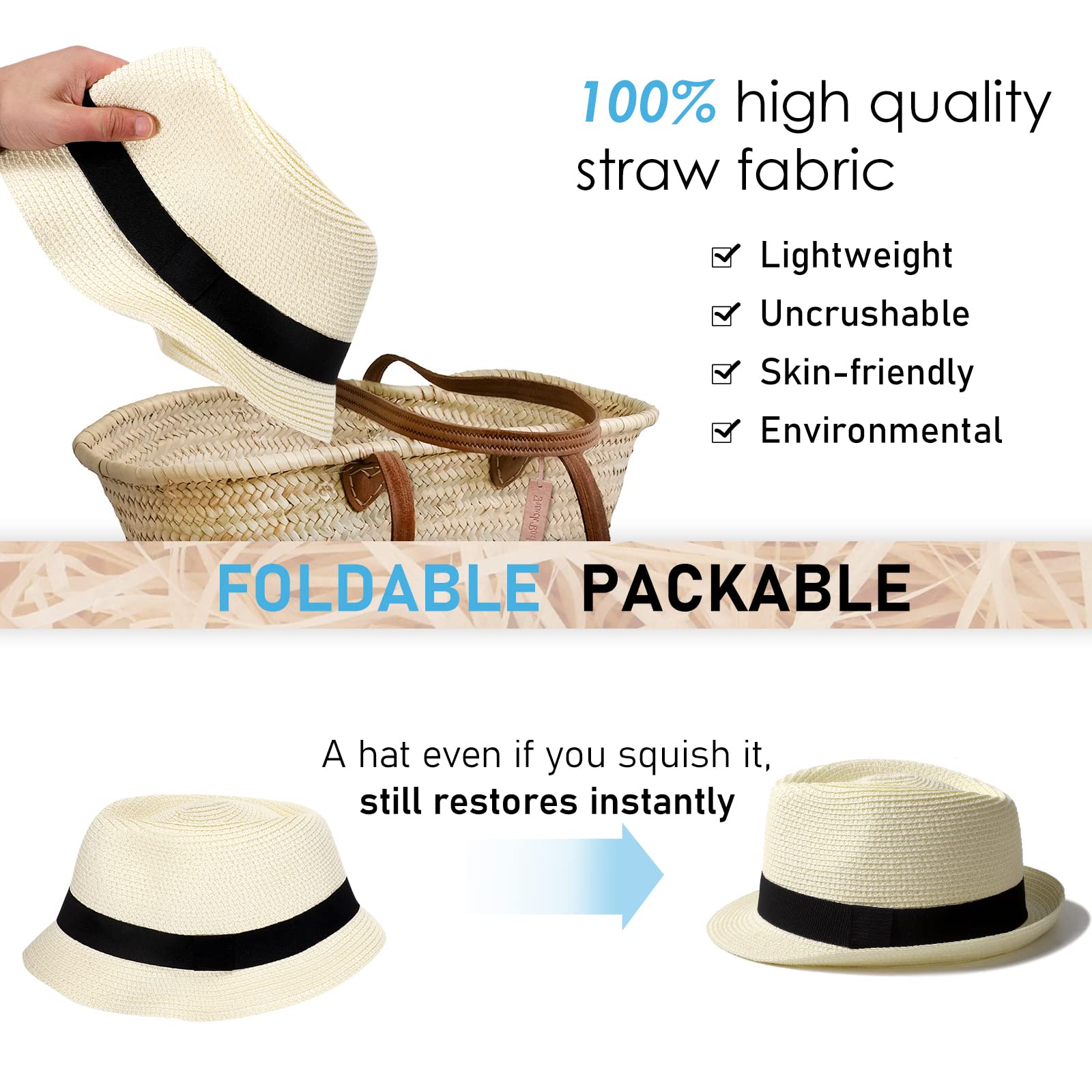 Lvaiz Womens Straw Hat Short Brim Panama Fedora Beach Sun Trilby Hat for Vacation Gentlemen Roll Up Summer Hat, beige White