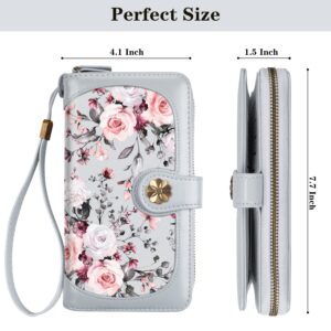 Coco Rossi Wallets for Women Multi Card Holder Wallet Clutch Wallet Card Holder Organizer Ladies Purse with Wrist strap Purse,Grey Flowers