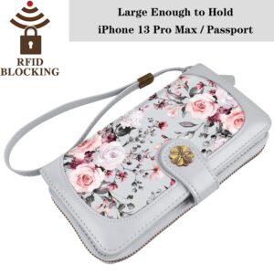 Coco Rossi Wallets for Women Multi Card Holder Wallet Clutch Wallet Card Holder Organizer Ladies Purse with Wrist strap Purse,Grey Flowers