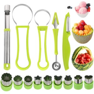 14 pack melon baller scoop set - 4 in 1 stainless steel fruit tool set fruit scooper seed remover with fruit vegetable cutter shapes set fruit peeler for fruit slicer dig pulp separator