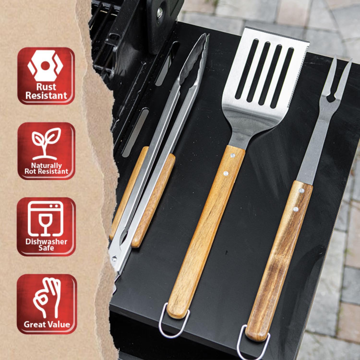 BBQ-AID Pro BBQ Metal Spatula - 17" Barbecue Spatula Stainless Steel with Serrated Knife Edge -Solid & Sturdy Turner Spatula- Acacia Wood Handle- Heavy Duty Built to Last Kitchen Spatula