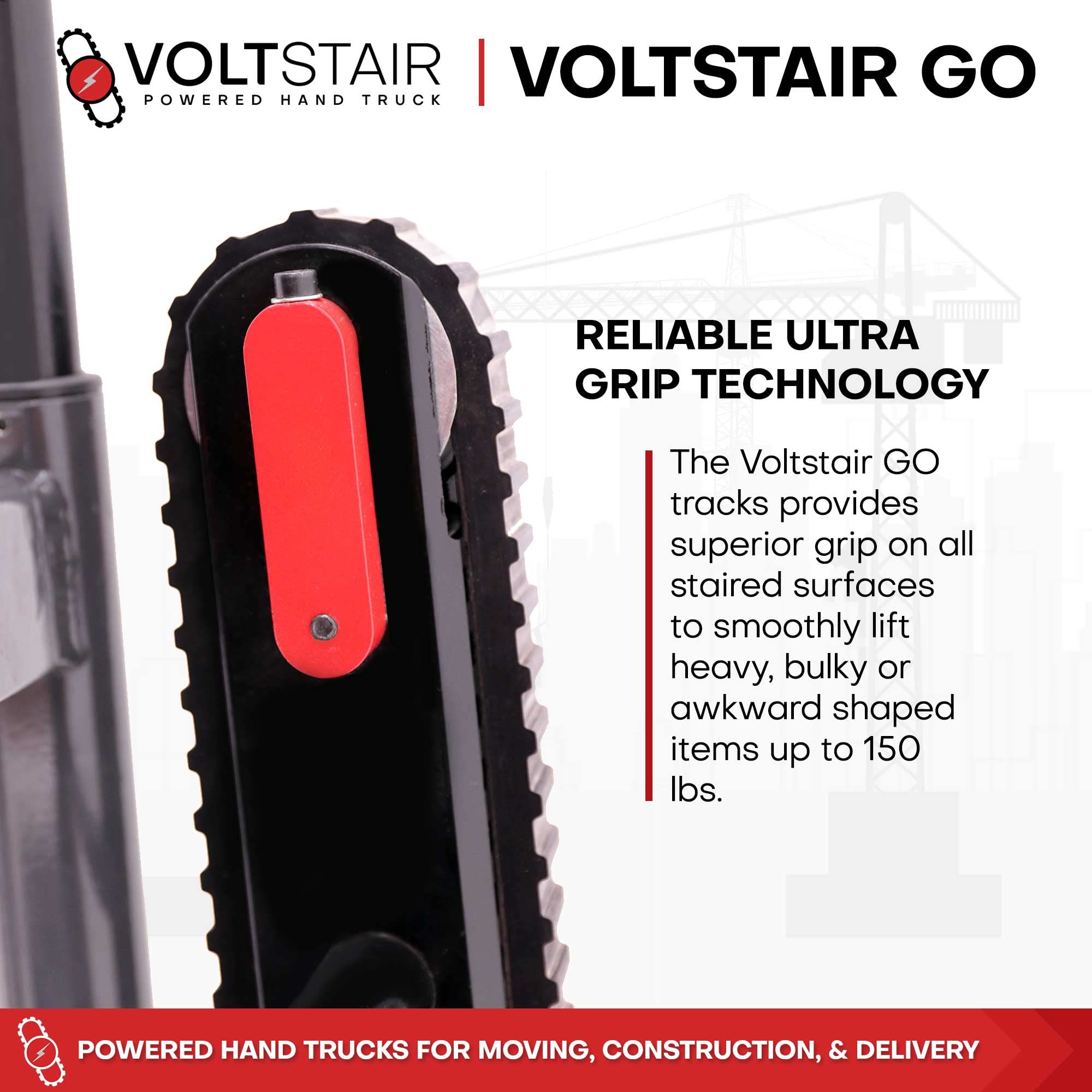 Voltstair GO Portable Electric Motorized Stair Climbing Hand Truck with Removeable Battery, with Included Bungee Cord and Anti Slip Tracks for Heavy Lifting (150lb. Lift Capacity) Black/Red