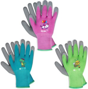 kdk ages 5-7 kids gardening gloves,yard work gloves for toddlers, youth, girls, boys, childrens, soft safety rubber gloves (xxs age 5-7, 3 pairs green, blue&pink)