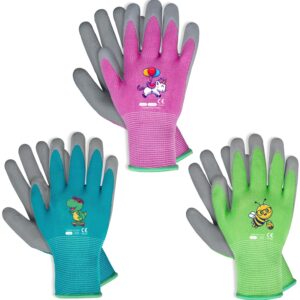 KDK Ages 5-7 Kids Gardening Gloves,Yard Work Gloves for Toddlers, Youth, Girls, Boys, Childrens, Soft Safety Rubber Gloves (XXS Age 5-7, 3 Pairs Green, Blue&Pink)