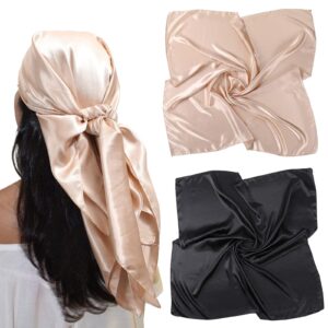 awaytr 35” large satin square head scarf - 2pcs silk like floral head scarves square satin hair scarf bandanas for women (solid color(black/camel))