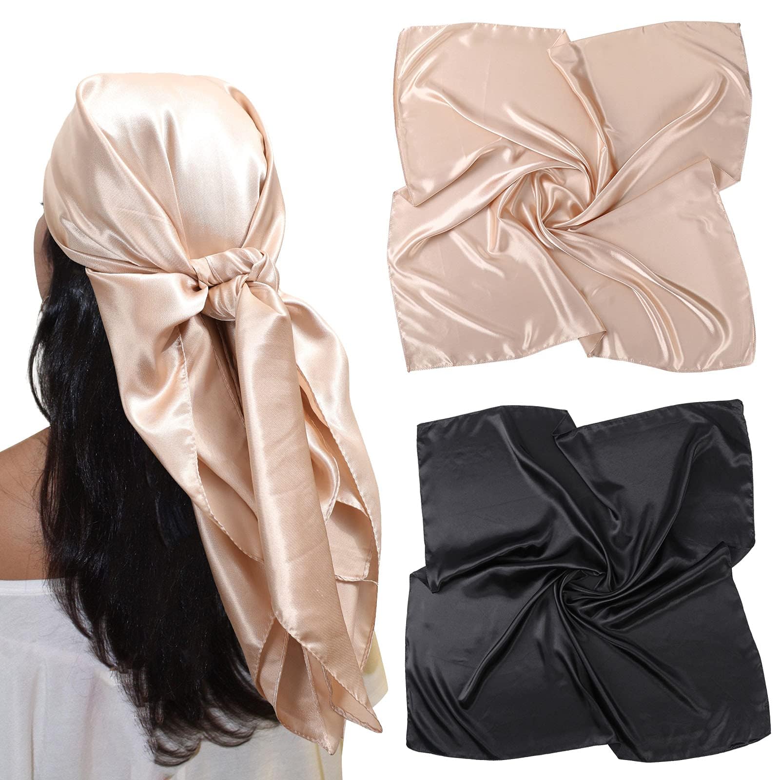 AWAYTR 35” Large Satin Square Head Scarf - 2Pcs Silk Like Floral Head Scarves Square Satin Hair Scarf Bandanas for Women (Solid Color(Black/Camel))