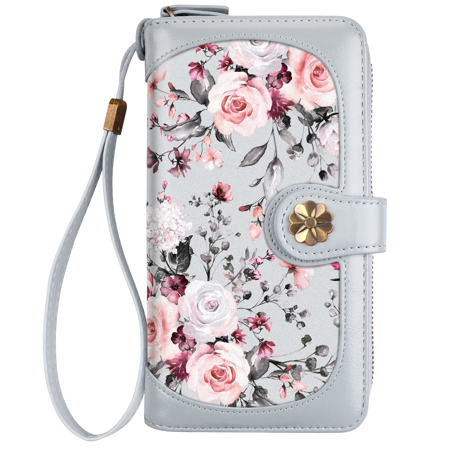 Coco Rossi Wallets for Women Multi Card Holder Wallet Clutch Wallet Card Holder Organizer Ladies Purse with Wrist strap Purse,Grey Flowers