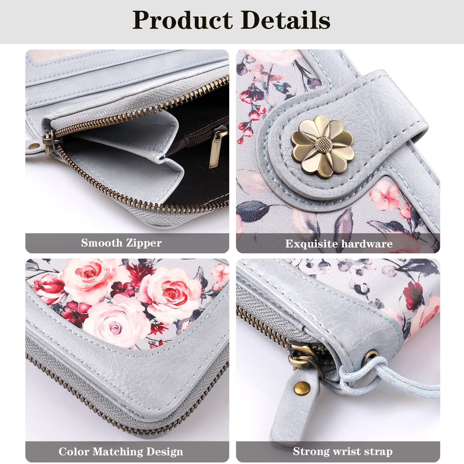 Coco Rossi Wallets for Women Multi Card Holder Wallet Clutch Wallet Card Holder Organizer Ladies Purse with Wrist strap Purse,Grey Flowers