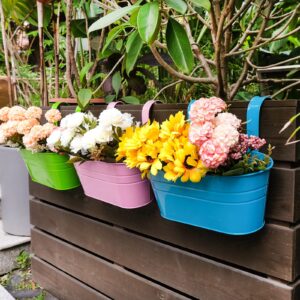 RIOGOO Flower Pots Metal Iron Hanging Flower Pots Garden Pots Balcony Planters Metal Bucket Flower Holders Wall Hanging Decor Pot- Detachable Hook (4 PCS) (Large)