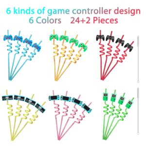 24 Video Game Party Favors Game Controller Drinking Straws Goodie Gifts for Kids Gamer Birthday Party Supplies, Game On Party Supplies with 2 PCS Cleaning Brushes