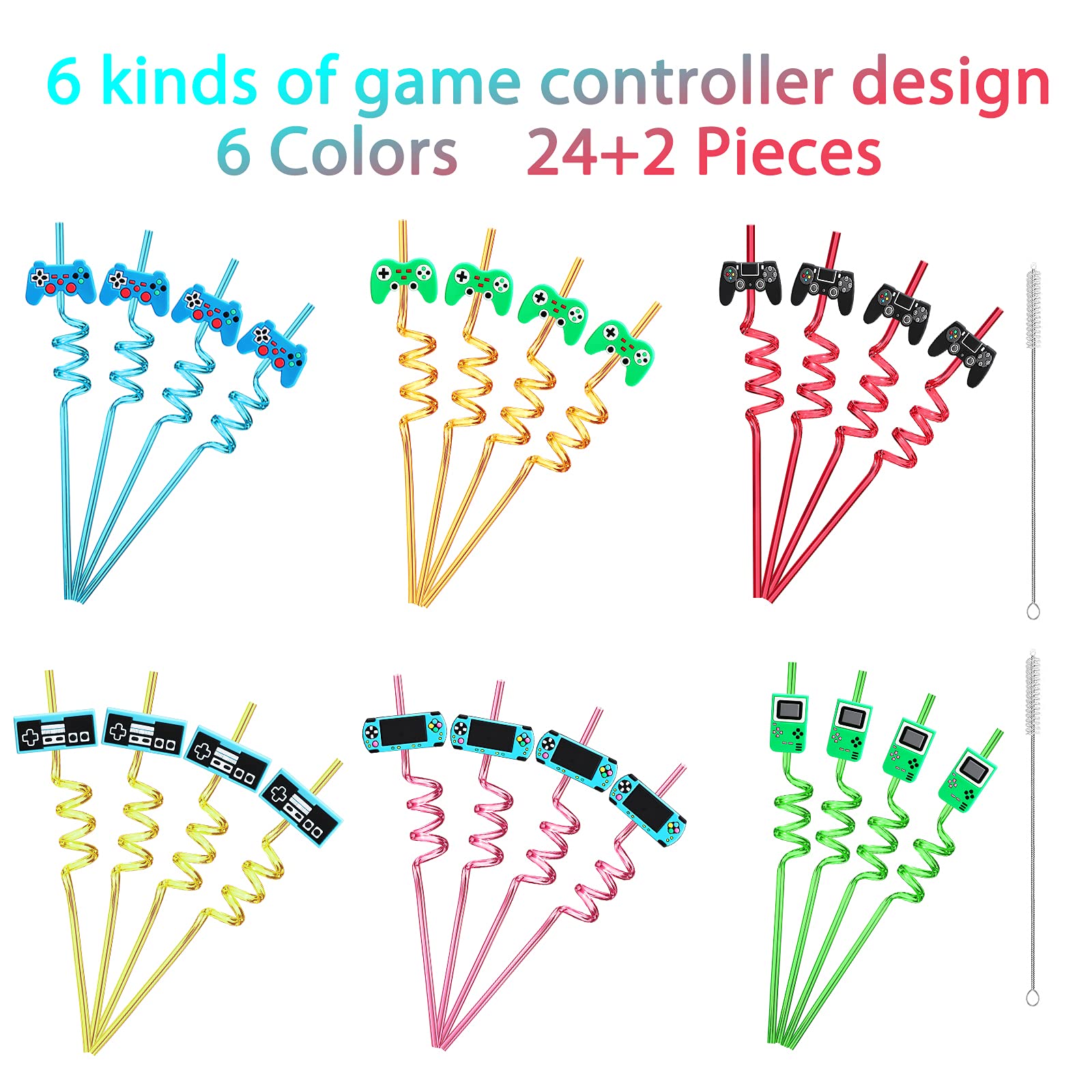 24 Video Game Party Favors Game Controller Drinking Straws Goodie Gifts for Kids Gamer Birthday Party Supplies, Game On Party Supplies with 2 PCS Cleaning Brushes