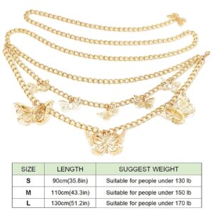 Glamorstar Chain Belts Multilayer Waist Chain Adjustable Waist Belt for Women Girls Butterfly Gold 130cm/51.2IN