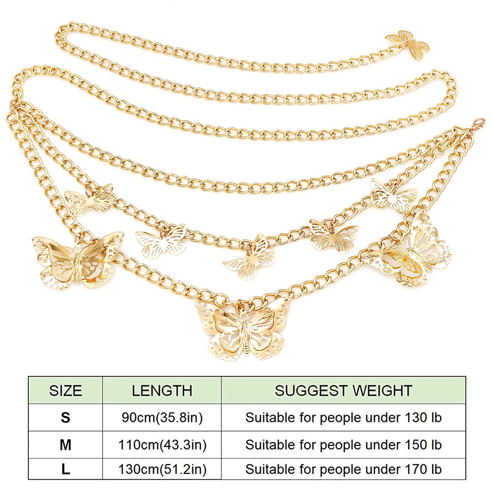 Glamorstar Chain Belts Multilayer Waist Chain Adjustable Waist Belt for Women Girls Butterfly Gold 130cm/51.2IN