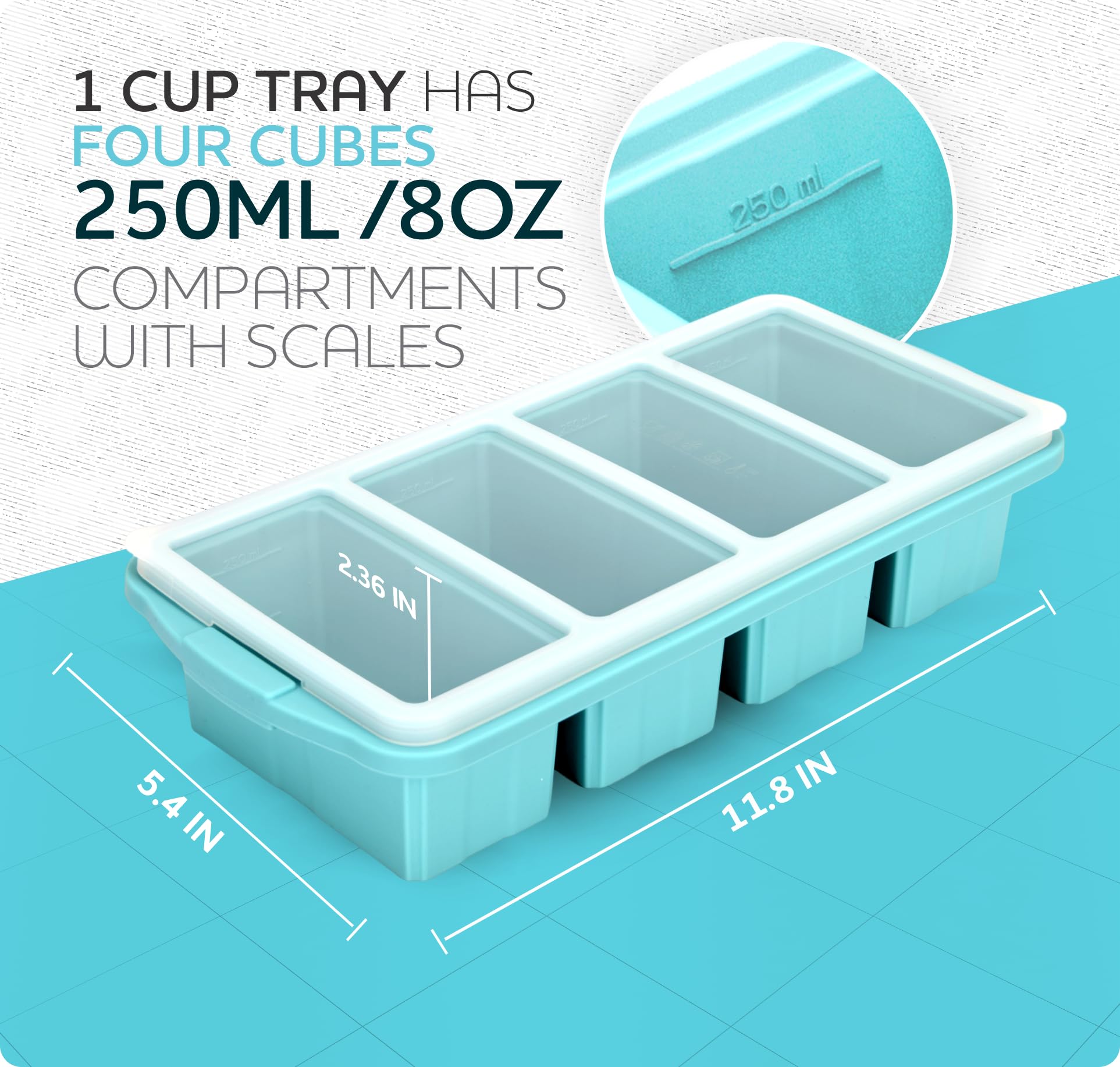 XOMOO Silicone Freezer Tray With Lid - Soup Freezer Container molds - Large Ice Cube Tray- makes 8 perfect 1 cup portions cubes, 2-Pack Freezer Storage Food Soups & Meal Prep - Oven & Dishwasher -Safe