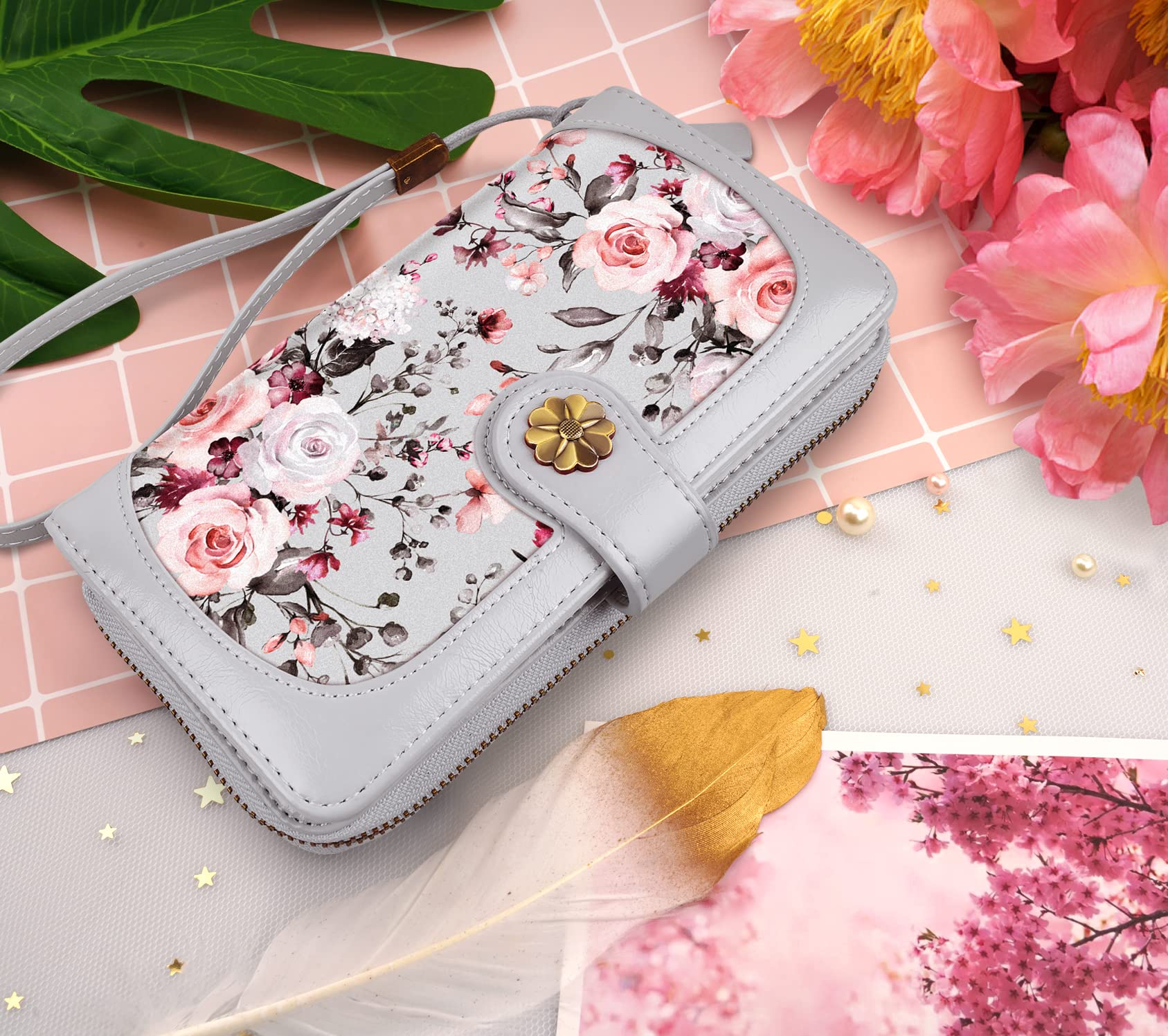 Coco Rossi Wallets for Women Multi Card Holder Wallet Clutch Wallet Card Holder Organizer Ladies Purse with Wrist strap Purse,Grey Flowers