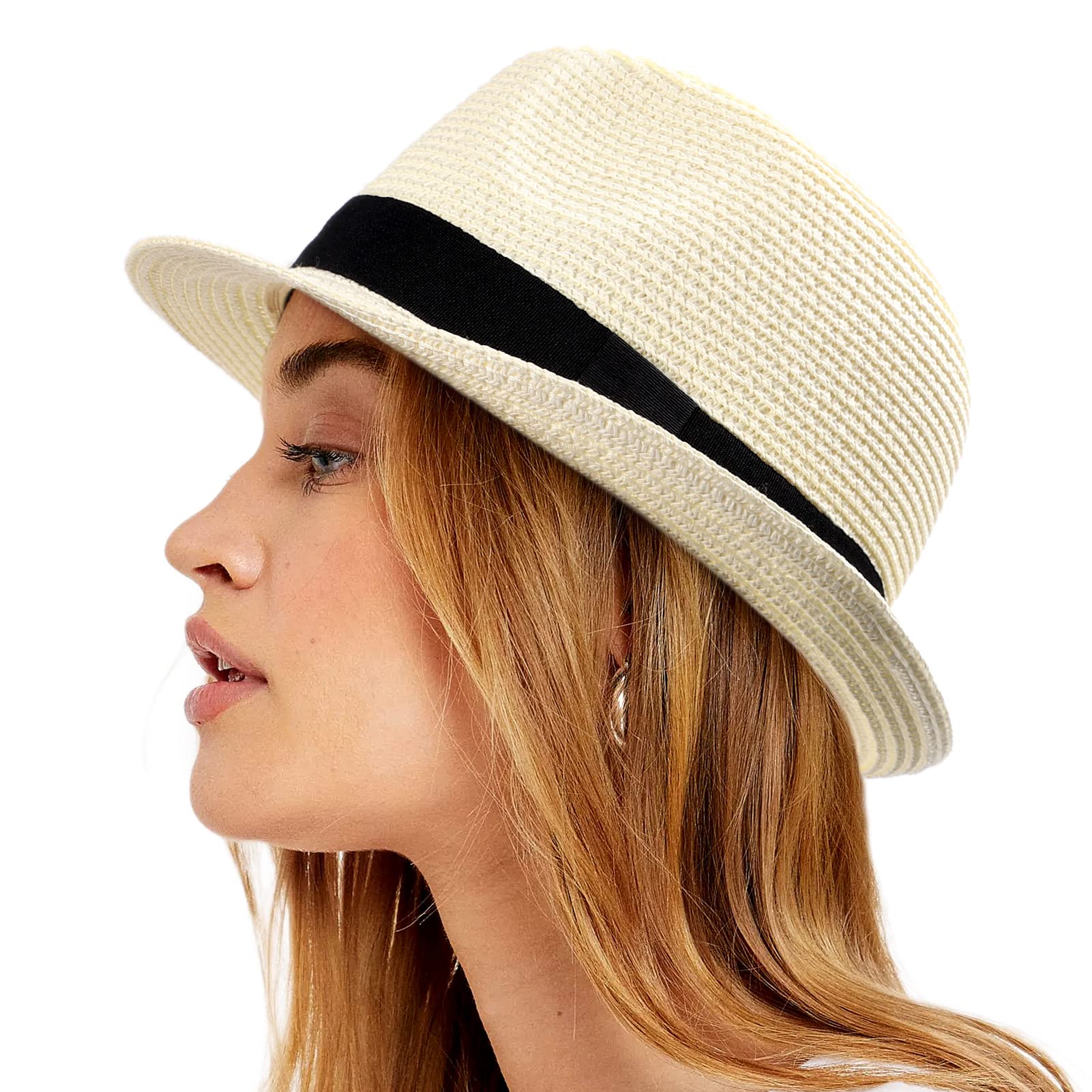 Lvaiz Womens Straw Hat Short Brim Panama Fedora Beach Sun Trilby Hat for Vacation Gentlemen Roll Up Summer Hat, beige White