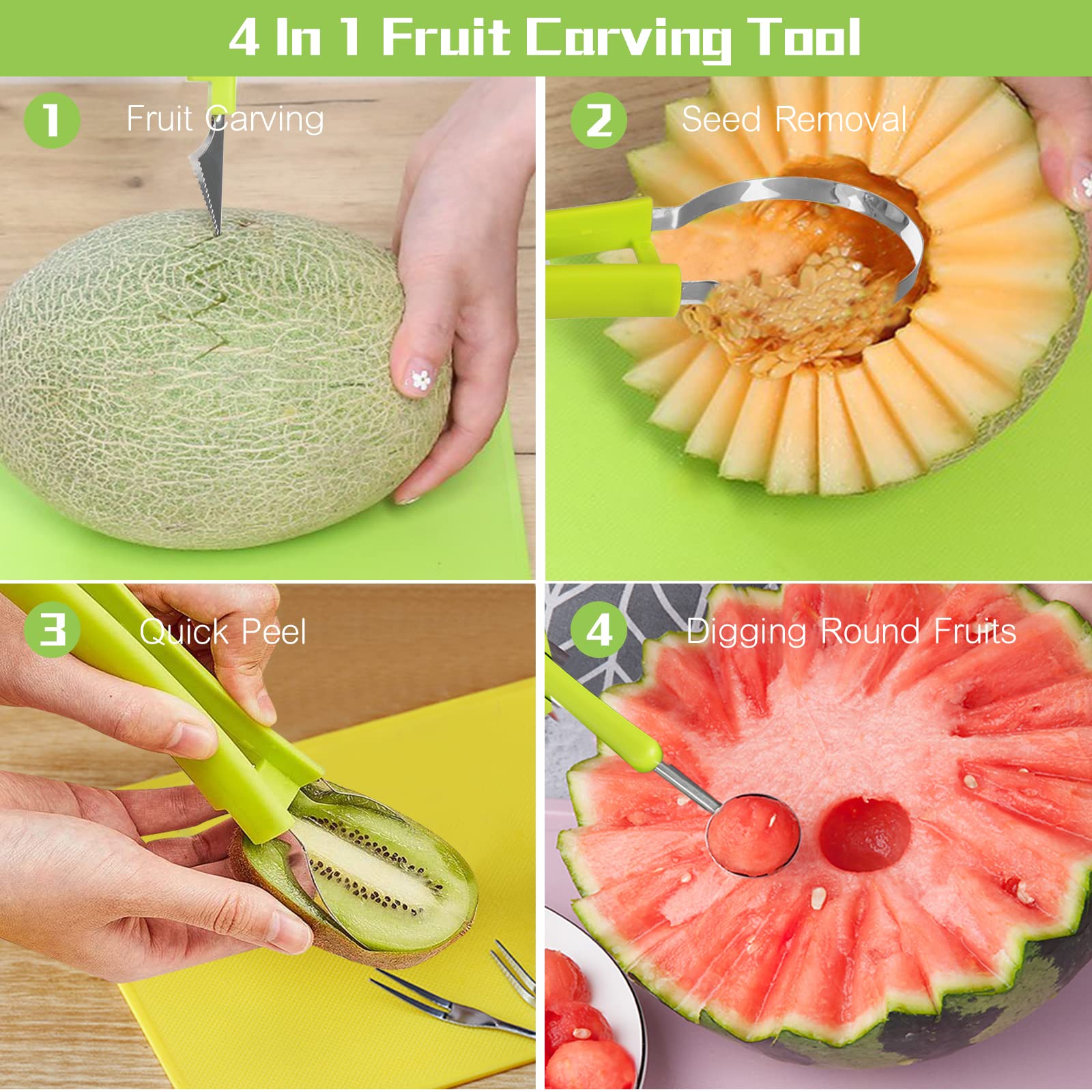 14 Pack Melon Baller Scoop Set - 4 in 1 Stainless Steel Fruit Tool Set Fruit Scooper Seed Remover with Fruit Vegetable Cutter Shapes Set Fruit Peeler for Fruit Slicer Dig Pulp Separator