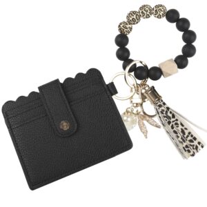 guran wristlet wallet bracelet keychain,card holder purse tassel keychain bangle key ring for women (leopard print)