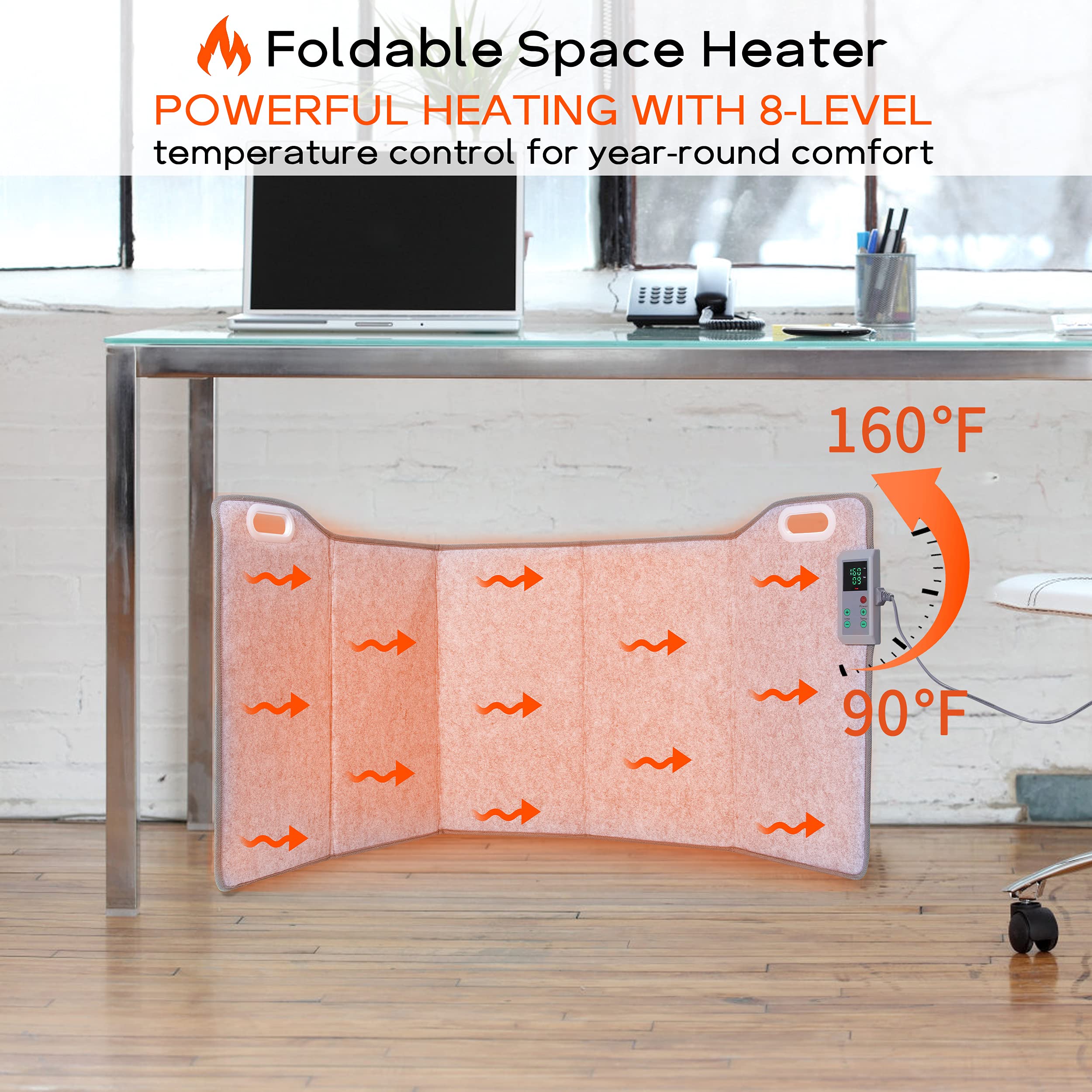 Portable Space Heater for Office and Home, Foldable, Quiet Floor Foot Warmer Under Desk for Leg and Feet, Personal Electric Panel Space Heater with Thermostat and Timer, with Auto Shut Off