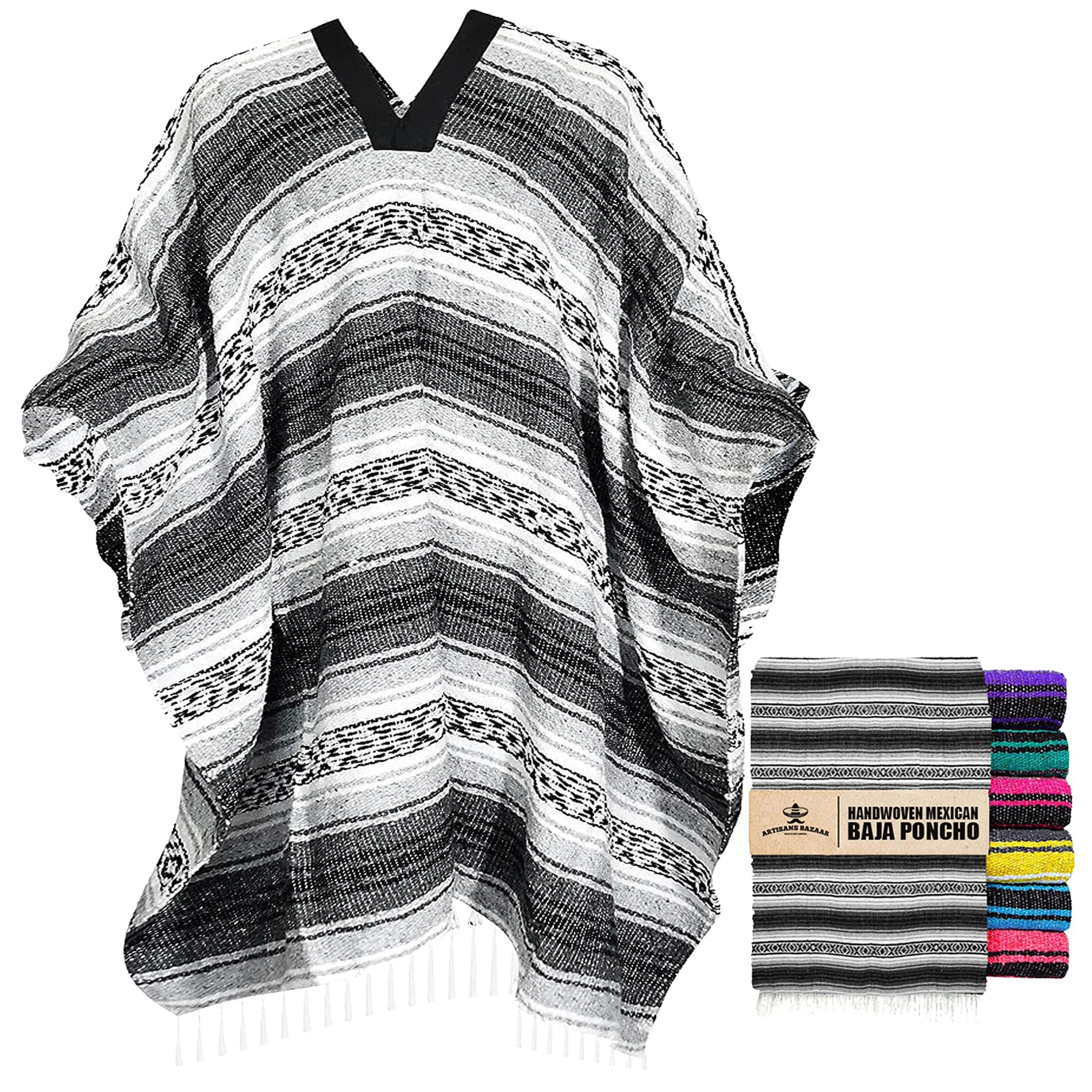 Artisans Bazaar Traditional Mexican Baja Poncho Men and Women Authentic Gaban Serape Sarape Blanket Pancho Jorongo Cowboy