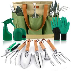 yaungel garden tools set, gardening tools heavy duty stainless steel garden supplies hand tools with wooden handle, storage tote bag, gardening gifts for women and men, for mom