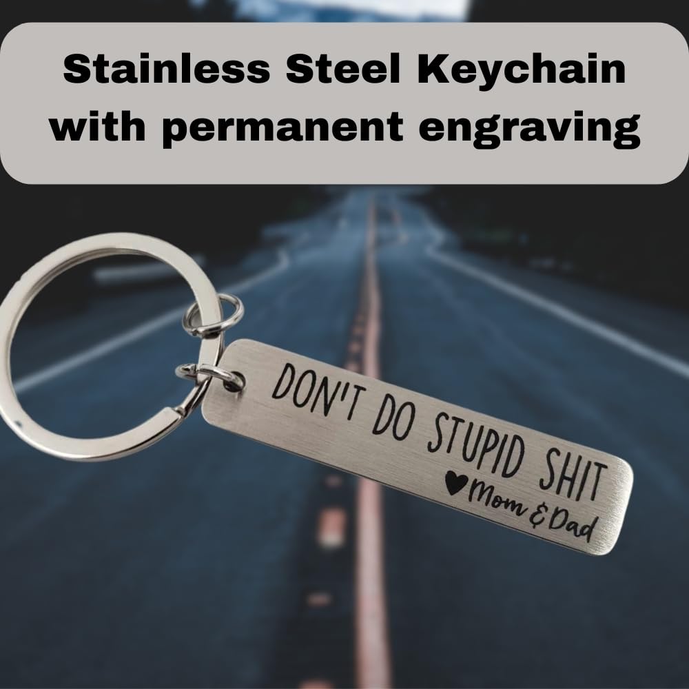 Pretty Inappropriate Don't Do Stupid Shit Metal Keychain, 16 Year Old Boy Birthday Gift Ideas, Sweet 16 Gifts for Girls, Drive Safe Keychain for Daughter, 16 Year Old Girl Birthday ((Heart) Mom & Dad)