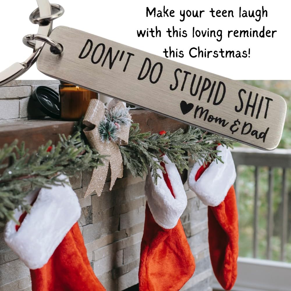 Pretty Inappropriate Don't Do Stupid Shit Metal Keychain, 16 Year Old Boy Birthday Gift Ideas, Sweet 16 Gifts for Girls, Drive Safe Keychain for Daughter, 16 Year Old Girl Birthday ((Heart) Mom & Dad)