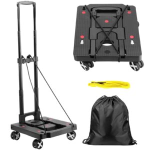 mahiong folding hand truck, 110 lbs load capacity portable luggage cart with 4 wheels, bungee cords and bag, solid construction utility folding hand truck dolly for luggage travel shopping moving