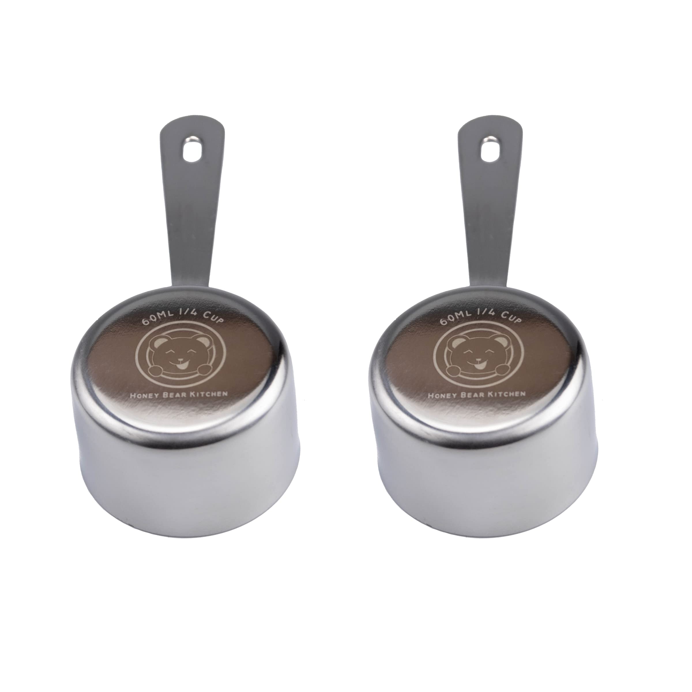 Honey Bear Kitchen 1/4 Cup 60 ml Leave-in Measuring Scoop Cups v2, Polished Stainless Steel (Set of 2)