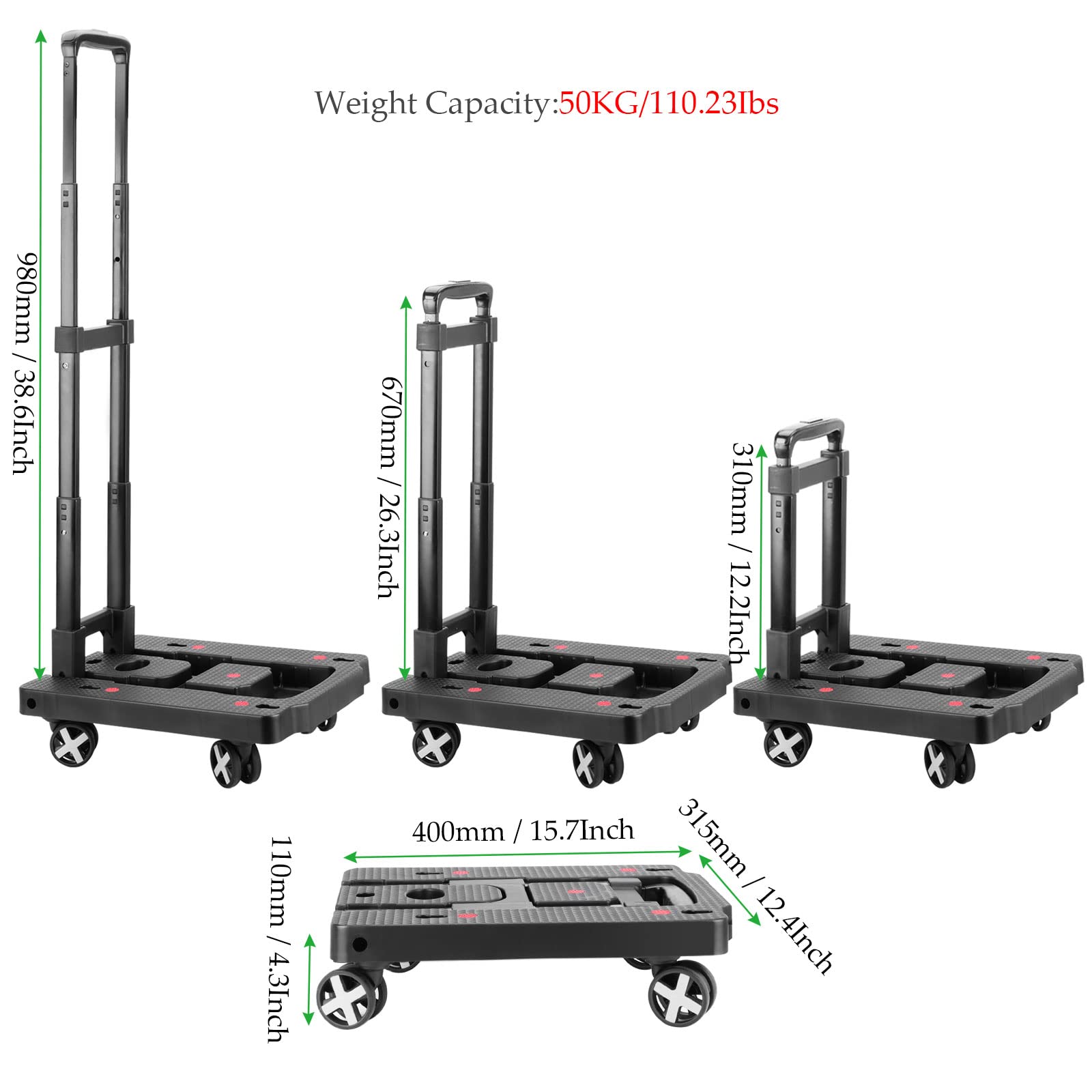 MAHIONG Folding Hand Truck, 110 Lbs Load Capacity Portable Luggage Cart with 4 Wheels, Bungee Cords and Bag, Solid Construction Utility Folding Hand Truck Dolly for Luggage Travel Shopping Moving