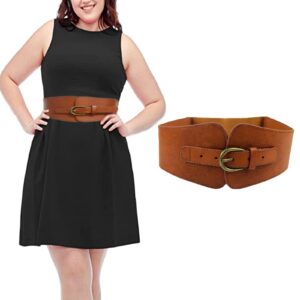 awocan women leather pu elastic stretchy corset cinch belt print retro cinch belt wide waist belt (camel)